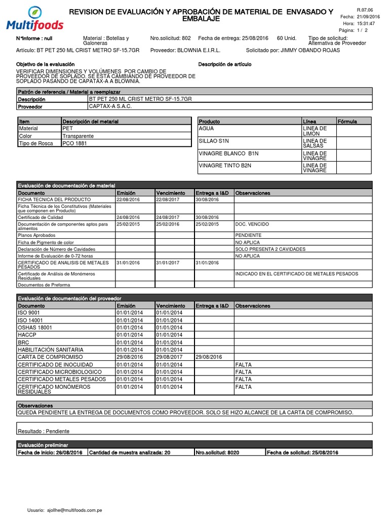 BT Metro 250 ML (Preforma Smi) Solpado Por Blownia. | PDF