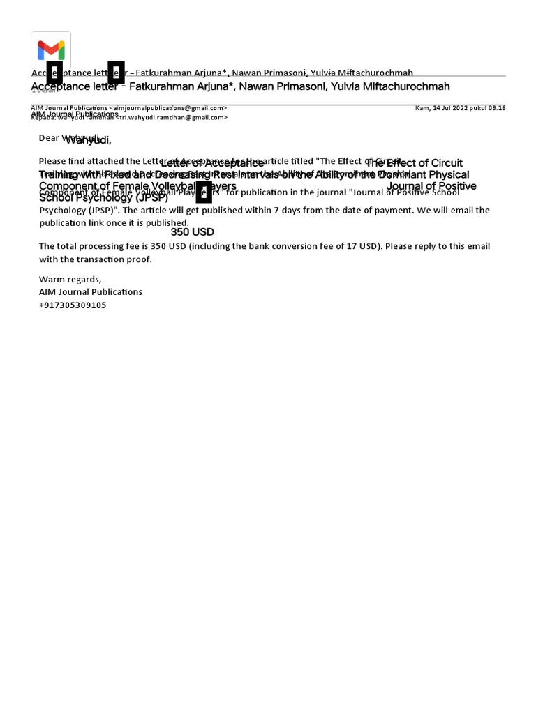 Gmail - Acceptance Letter - Fatkurahman Arjuna - , Nawan Primasoni, Yulvia Miftachurochmah | PDF