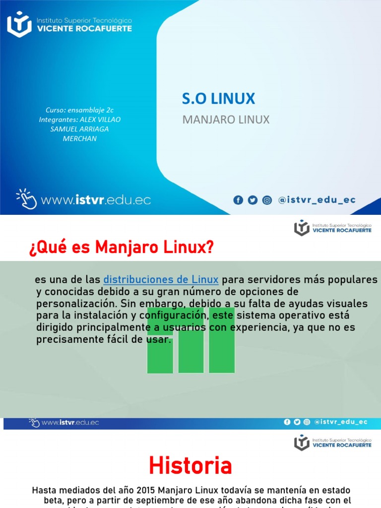 Manjaro Linux Diapositivas | PDF | Distribución de Linux | Proyectos de software libre