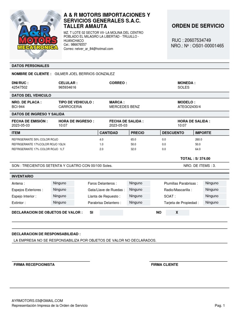 Orden de Servicio OS01-00001465 | PDF | Vehículos terrestres | Transporte
