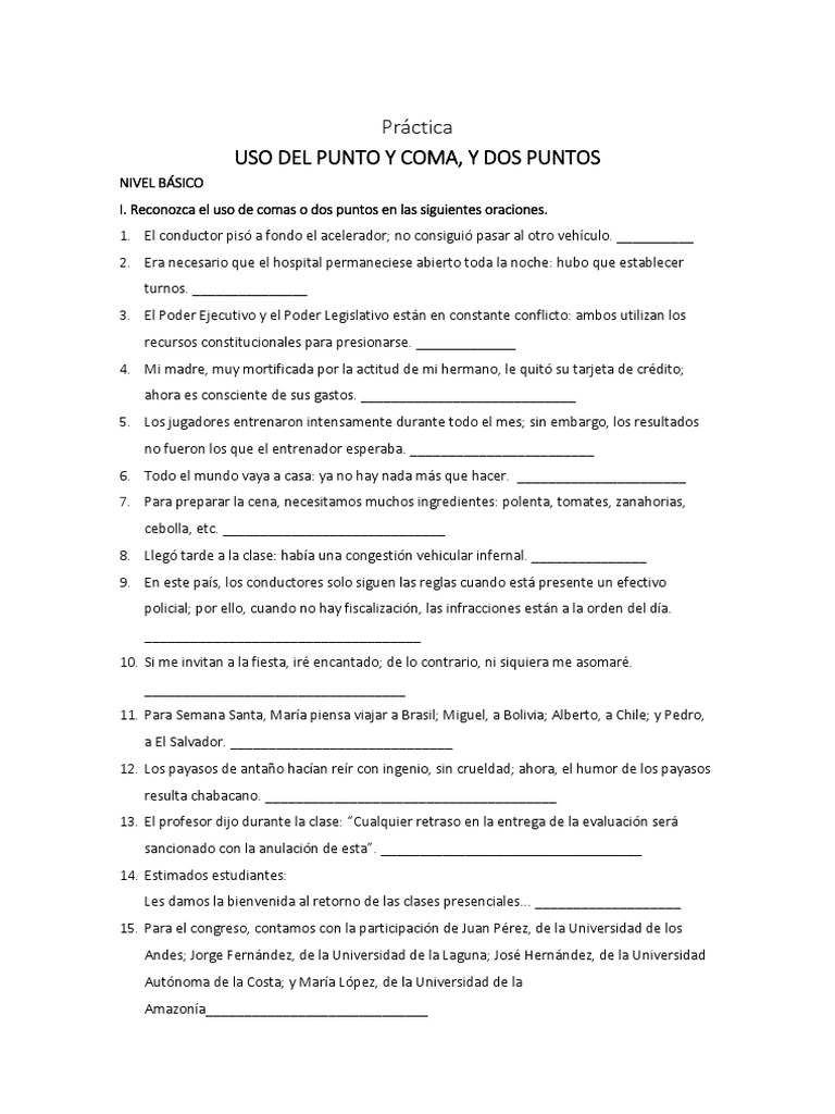 Práctica - Uso del punto y coma, y los dos puntos (1) | PDF