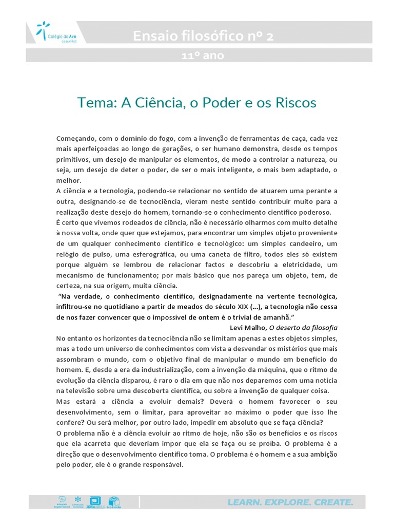 Ensaio filosófico 2 - 11.ano | PDF | Science | Conhecimento
