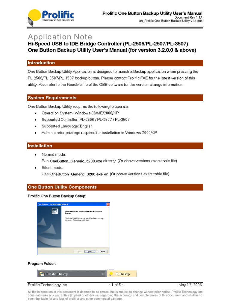 Prolific One Button Backup Manual | PDF | Computer File | Backup