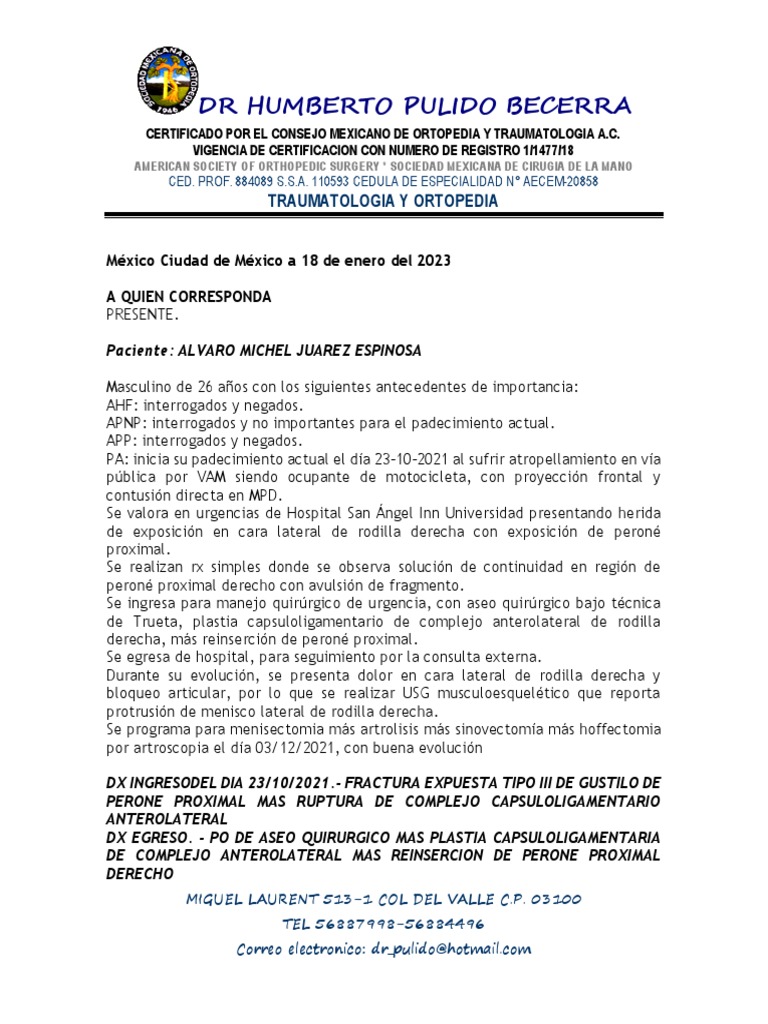 Informe Medico Alvaro Michel Juarez 19-01-2023 | PDF | Rodilla ...