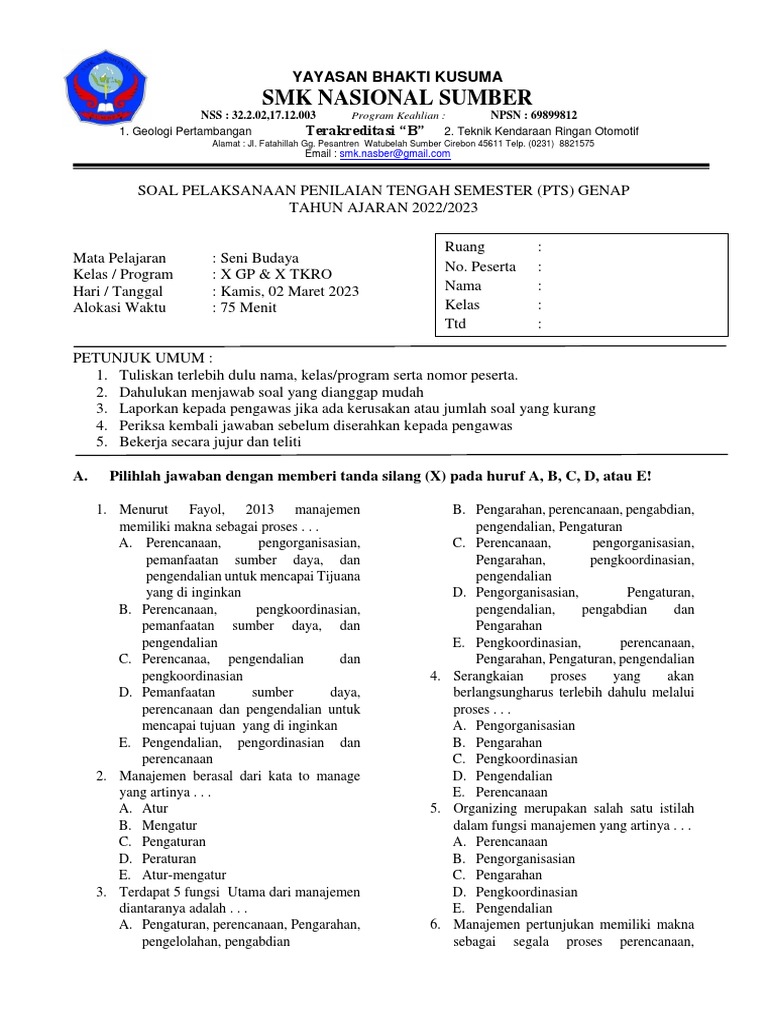 Soal PTS - Seni Budaya Kelas X | PDF | Karier & Perkembangan