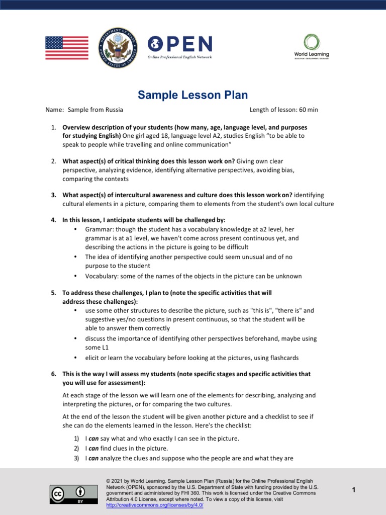 Sample Lesson Plan (Russia) Module 6 | PDF | Vocabulary | Lesson Plan