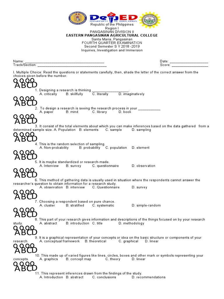 Fourth Quarter Examinations in 3I | PDF | Methodology | Sampling ...