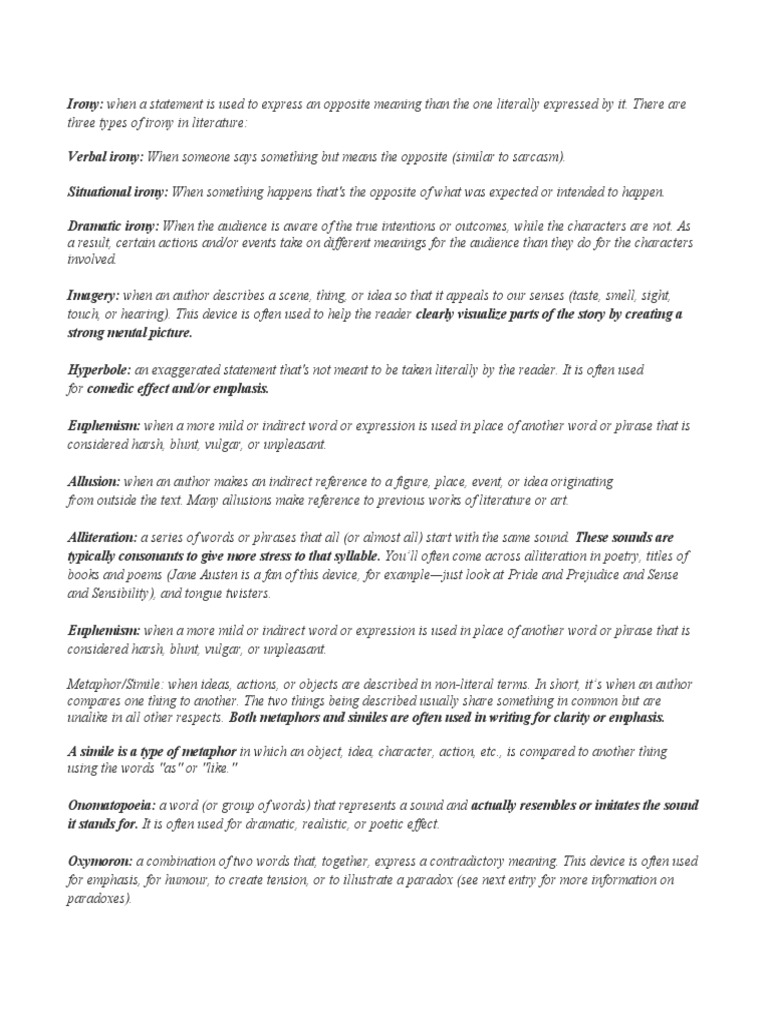 Literary Devices Definitions | PDF | Irony | Poetry