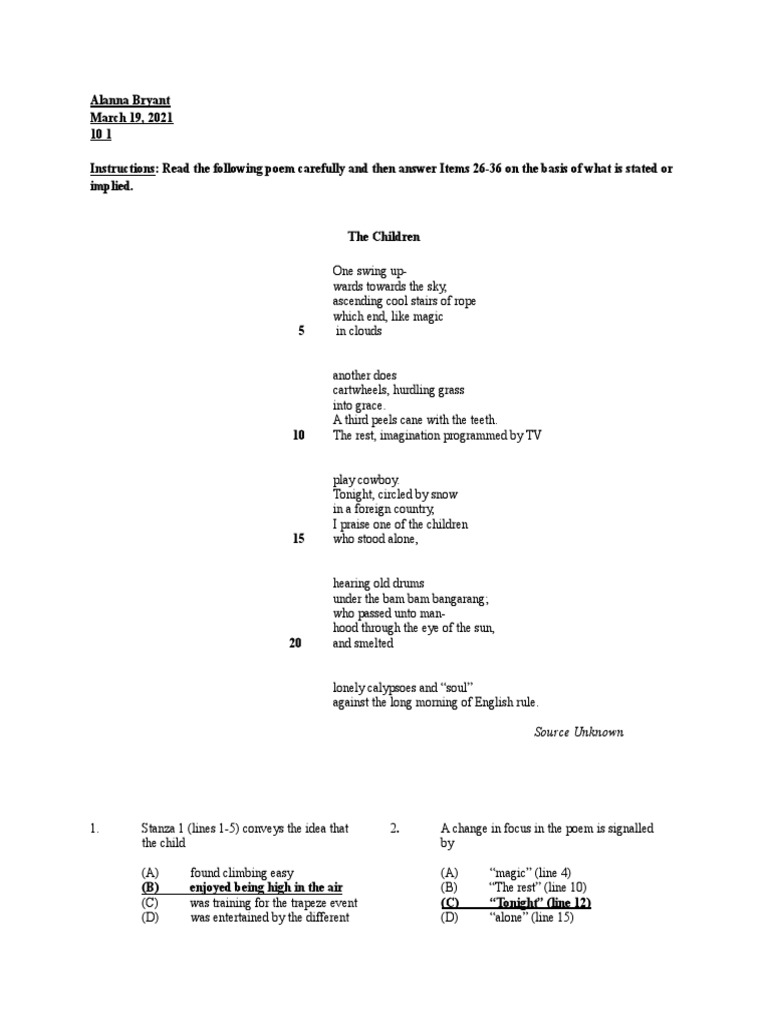 Past Paper Poem - Grade 10 Engilish A | PDF