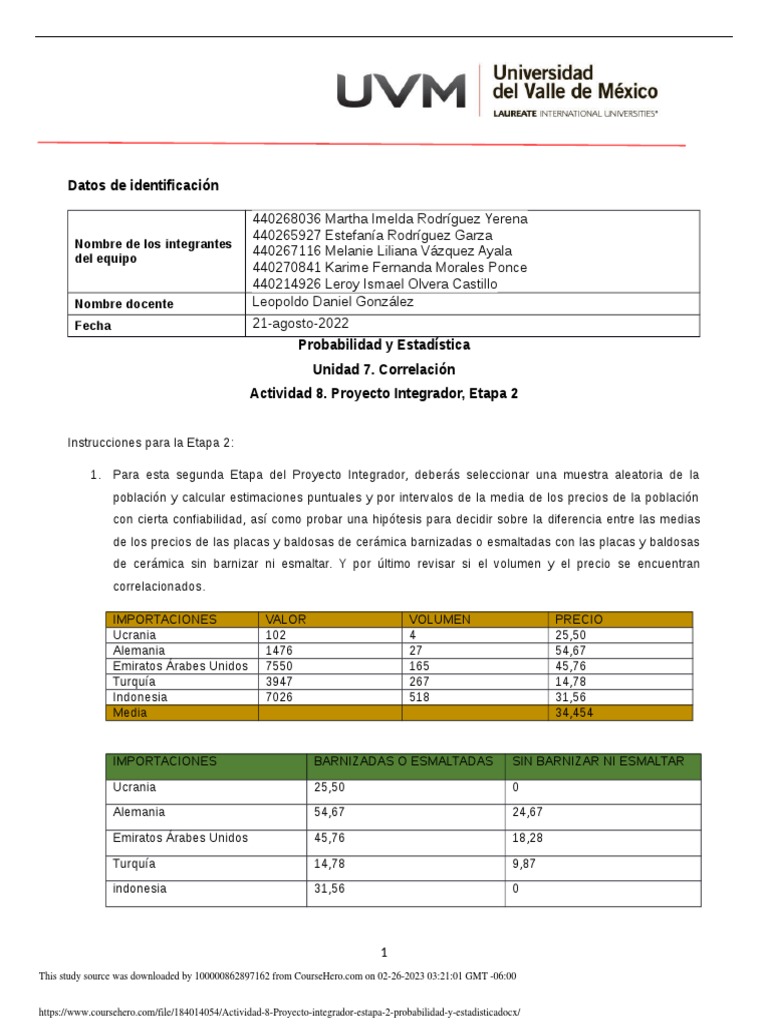 Actividad 8 Proyecto Integrador Estapa 2 Probabilidad y Estadistica | PDF | Método científico ...