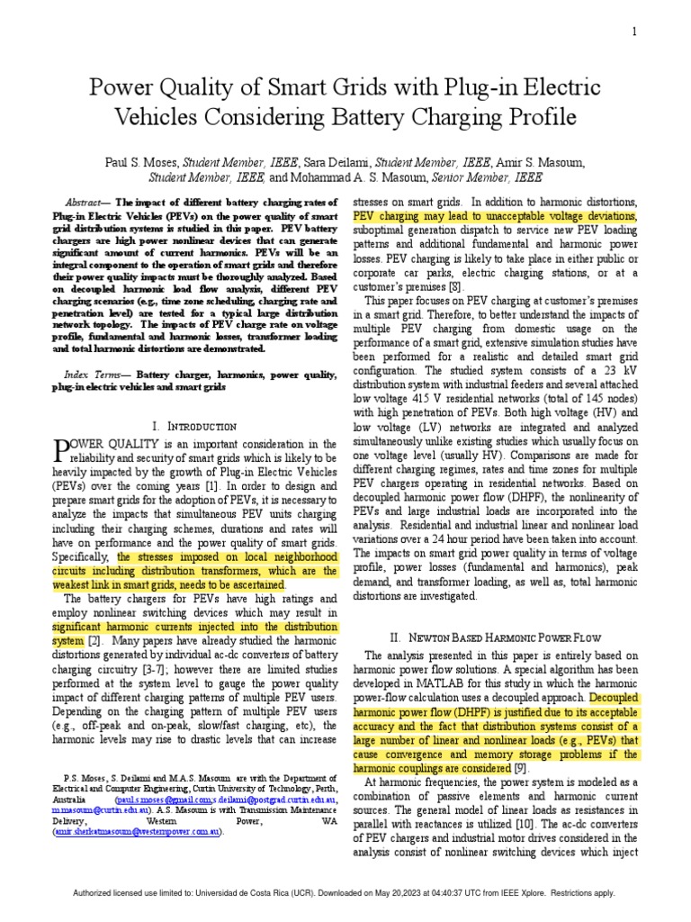 Power Quality Of Smart Grids With Plug In Electric Vehicles Considering Battery Charging Profile