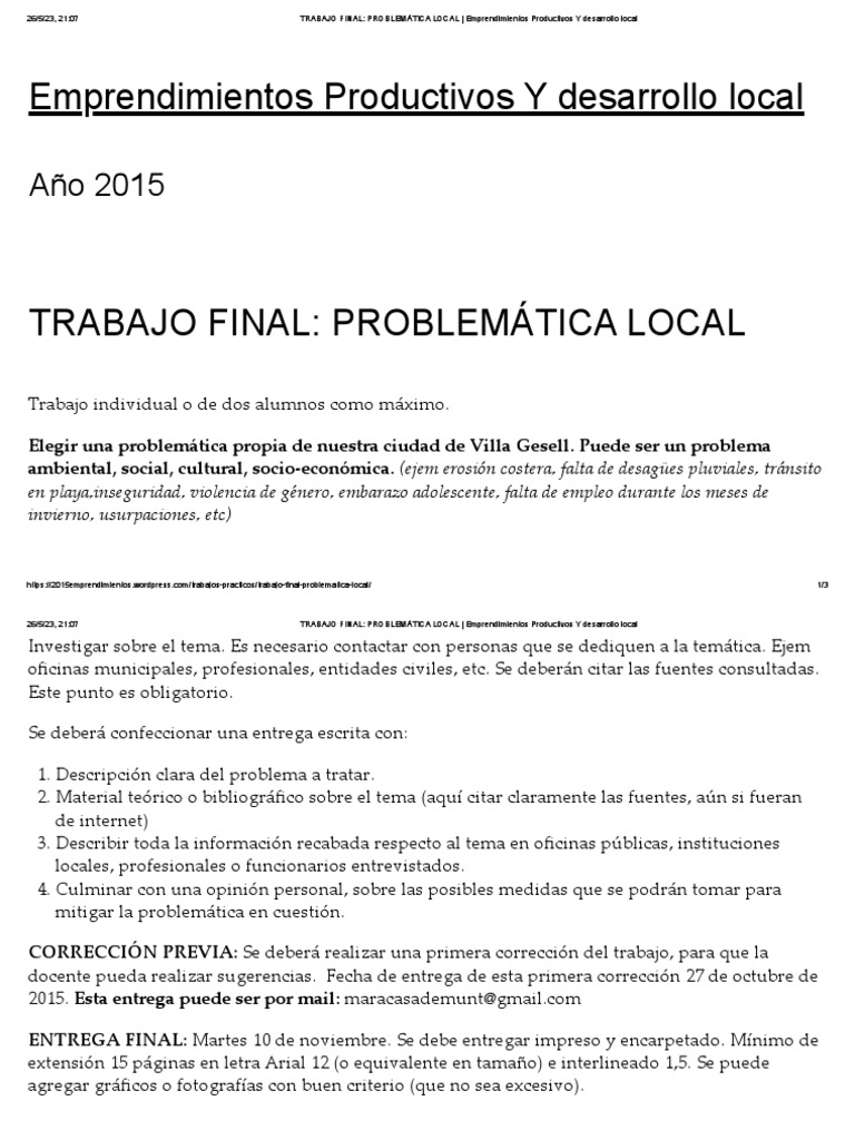 TRABAJO FINAL - PROBLEMÁTICA LOCAL - Emprendimientos Productivos Y Desarrollo Local | PDF