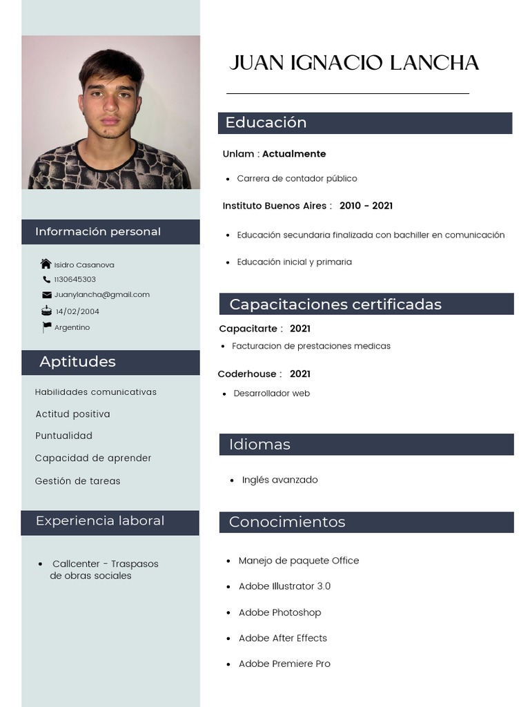 Curriculum Profesional Masculino Moderno Simple Azul | PDF