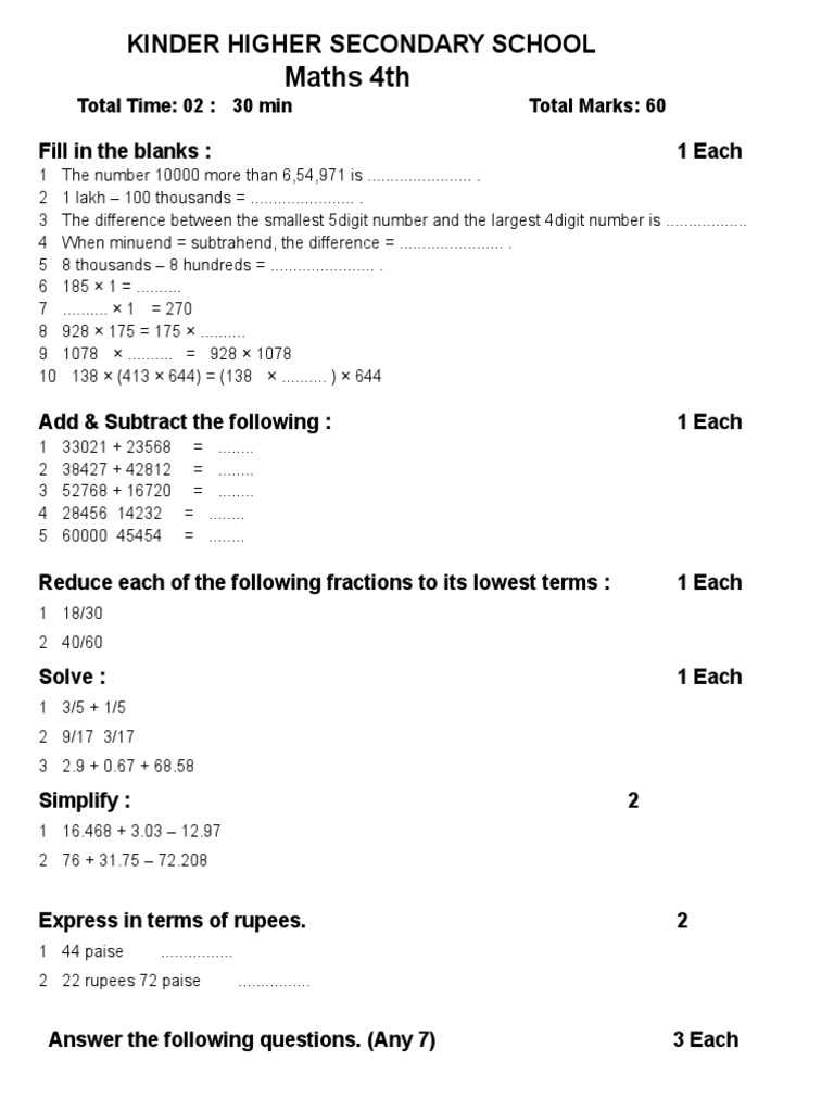 Maths 4th Term1 | PDF | Subtraction | Mathematics