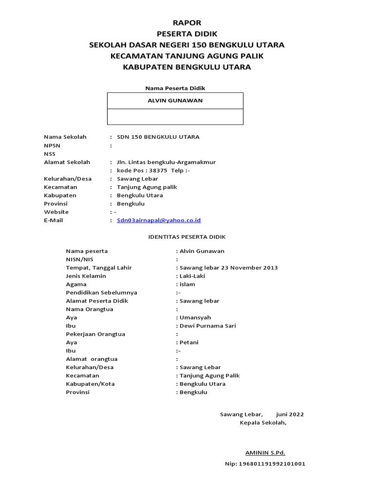 Biodata Anak SD 150 Utara | PDF