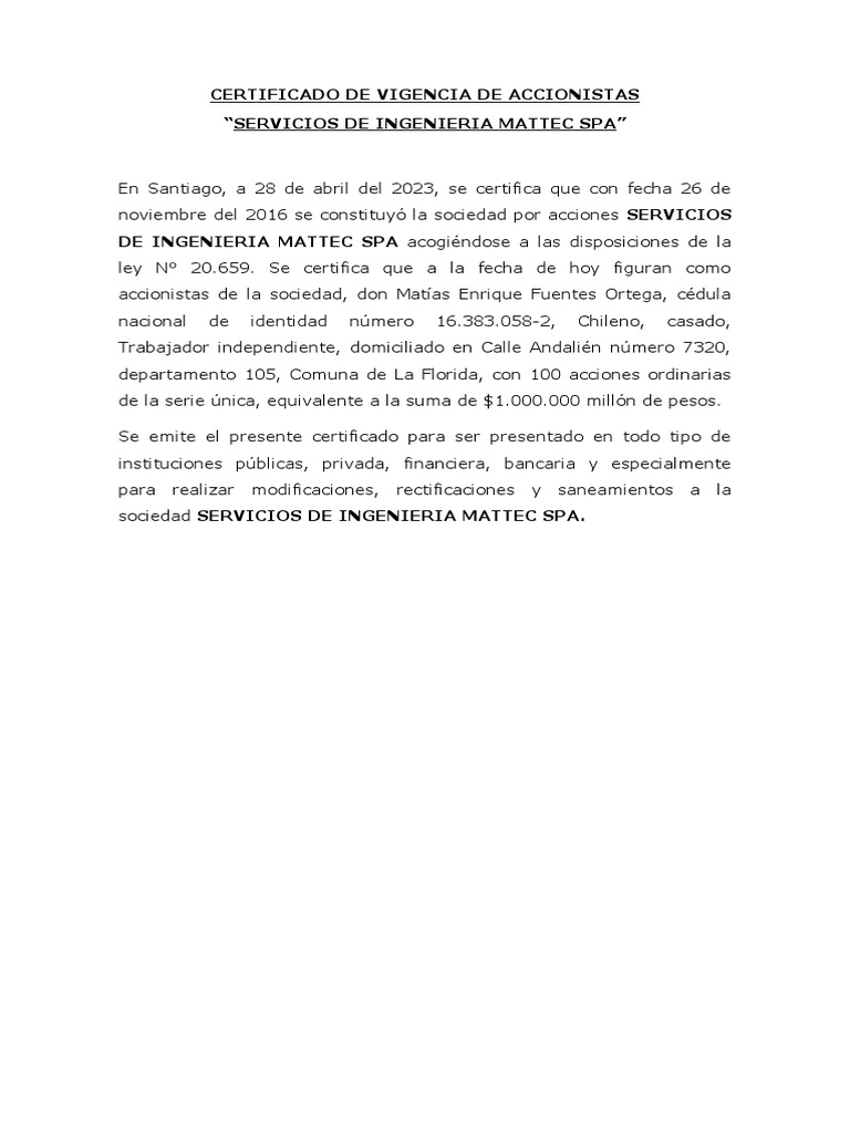 Certificado de Accionistas | PDF