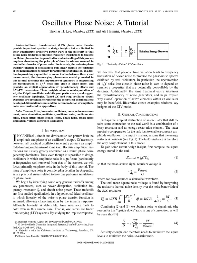 Oscillator Phase Noise: A Tutorial: Thomas H. Lee, Member, IEEE, and ...