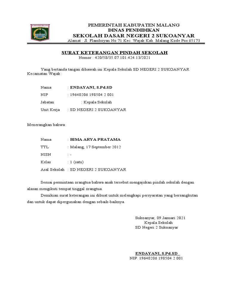 Surat Keterangan Pindah Sekolah | PDF