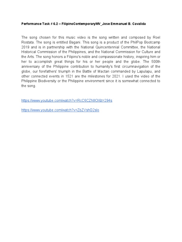 Performance Task # 6.2 - FilipinoContemporaryMV - CAVALIDA | PDF