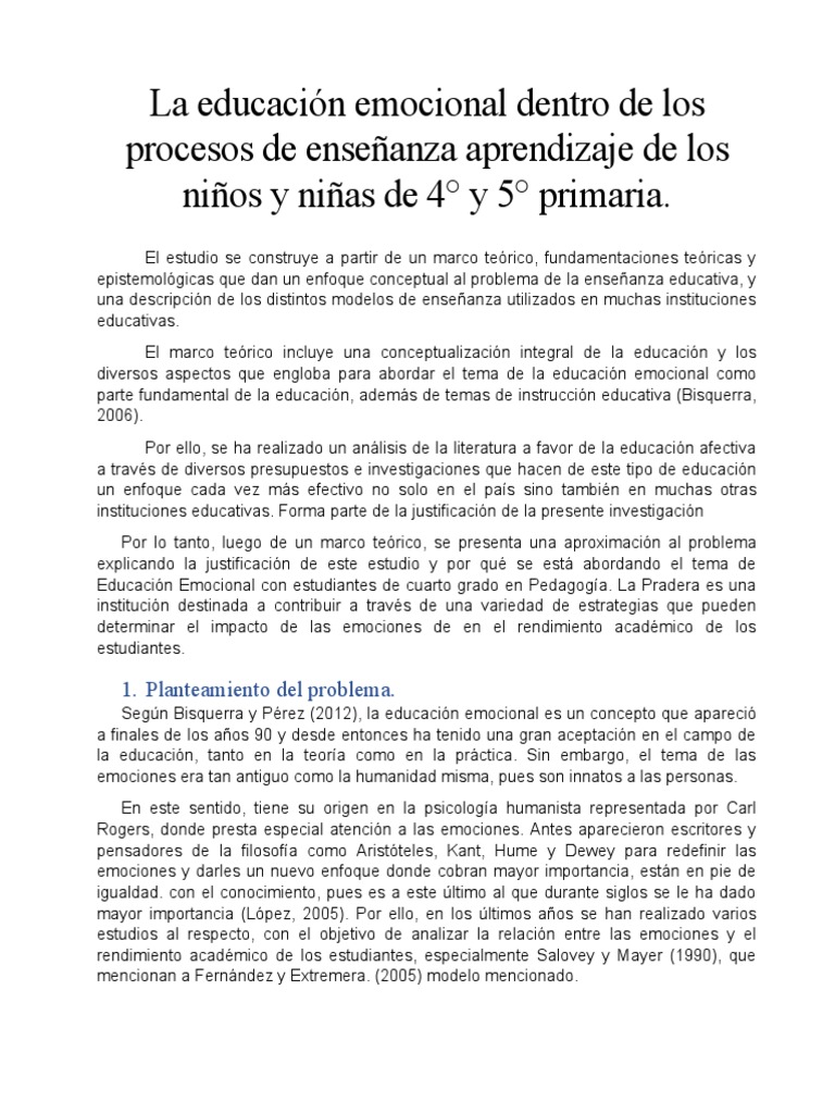 La Educación Emocional Dentro de Los Procesos de Enseñanza Aprendizaje de Los Niños y Niñas de 4 ...
