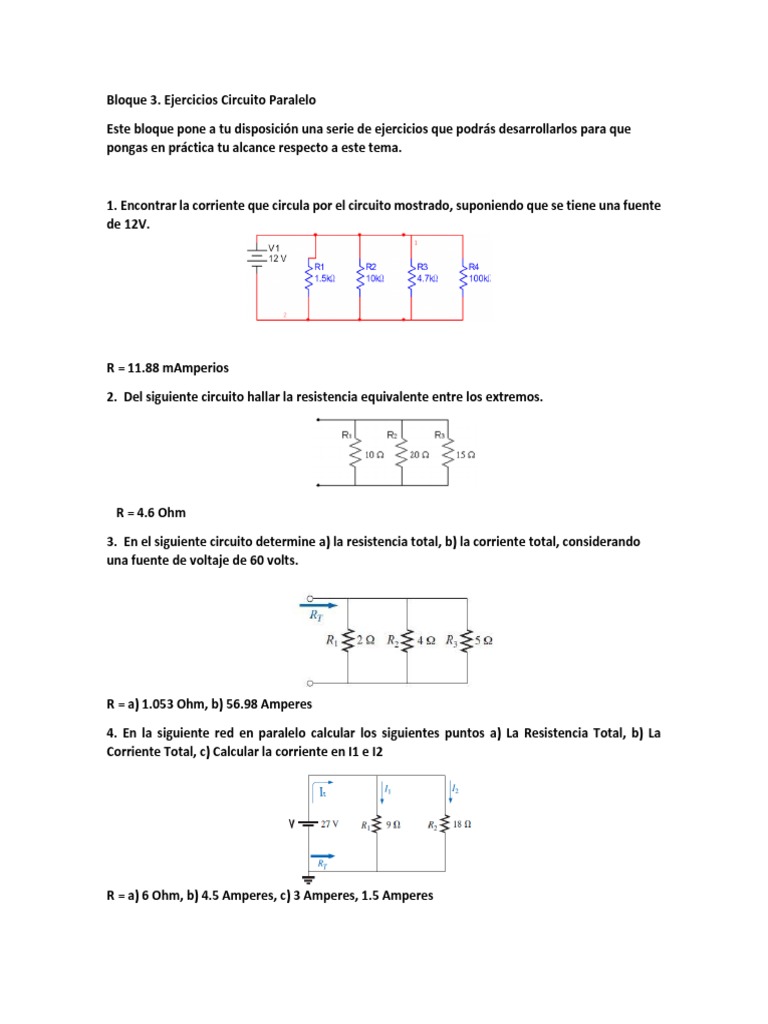 Bloque 3 - Ejercicios Circuito Paralelo | PDF