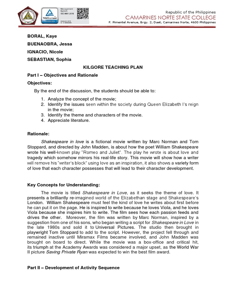Shakespeare-In-Love-Kilgore Lesson Plan | PDF | Cognition | Cognitive ...