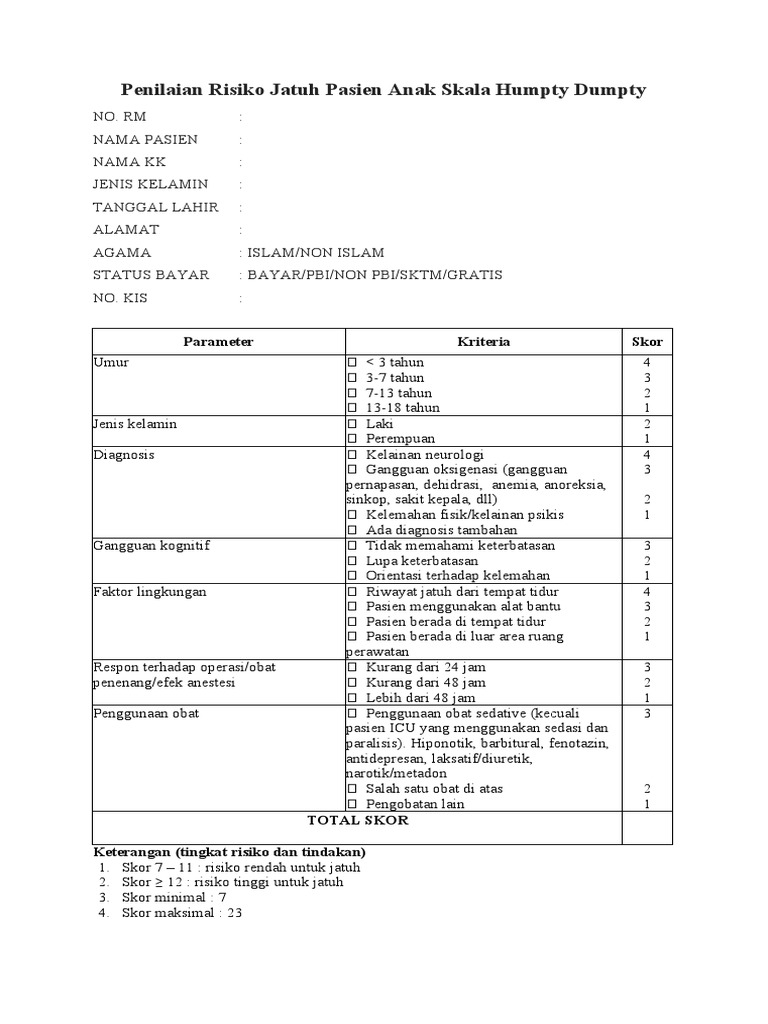 Penilaian Risiko Jatuh Pasien Anak Skala Humpty Dumpty | PDF