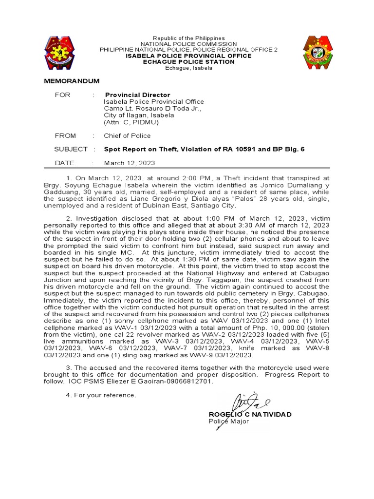 Spot Report On Theft Violation of RA 10591 and BP Blg. 6 DTD March 13 ...