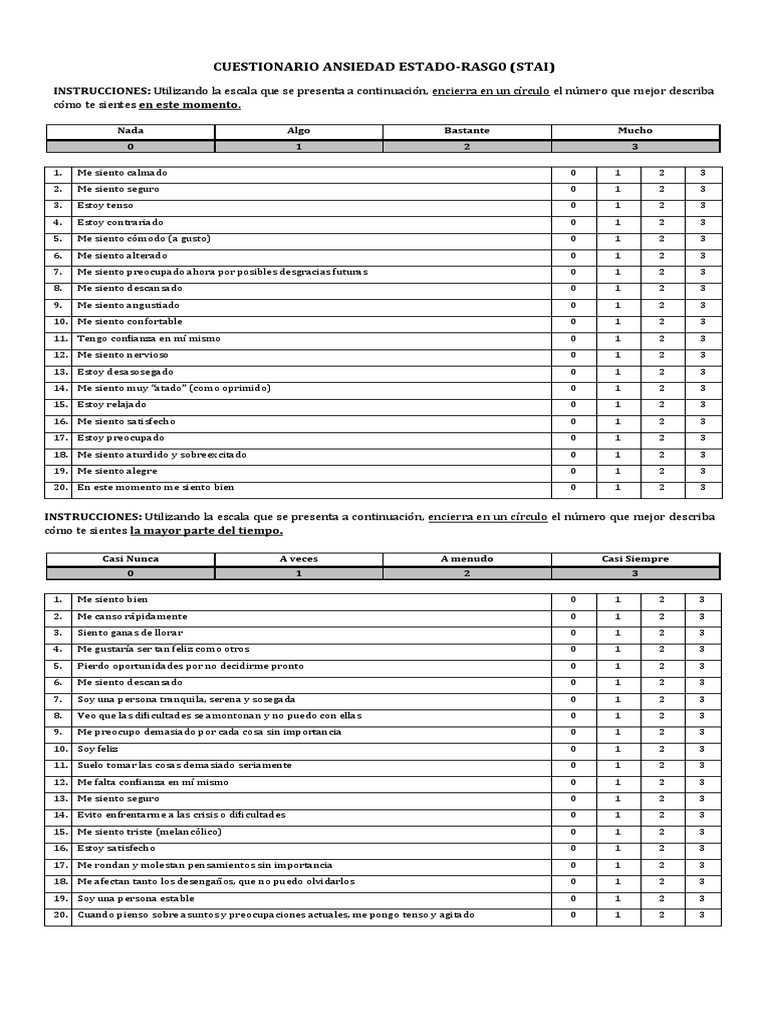 Cuestionario de Ansiedad STAI | PDF