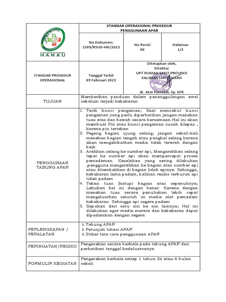 STANDAR OPERASIONAL PROSEDUR pENGGUNAAN APAR | PDF