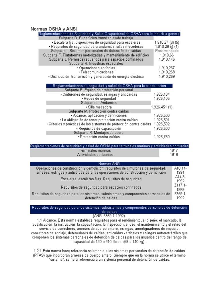 Normas OSHA y ANSI CAIDAS Y EQUIPO | PDF | Administración de Seguridad ...
