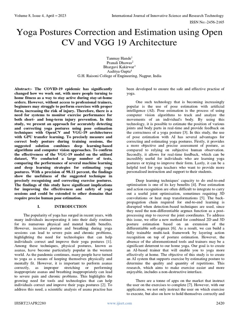 Yoga Postures Correction and Estimation Using Open CV and VGG 19 Architecture | PDF ...