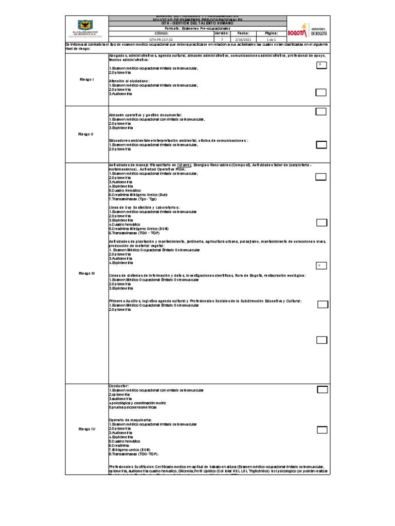 GTH - PR.13.F.02 Formato de Examenes Preocupacionales VERSION FINAL | PDF
