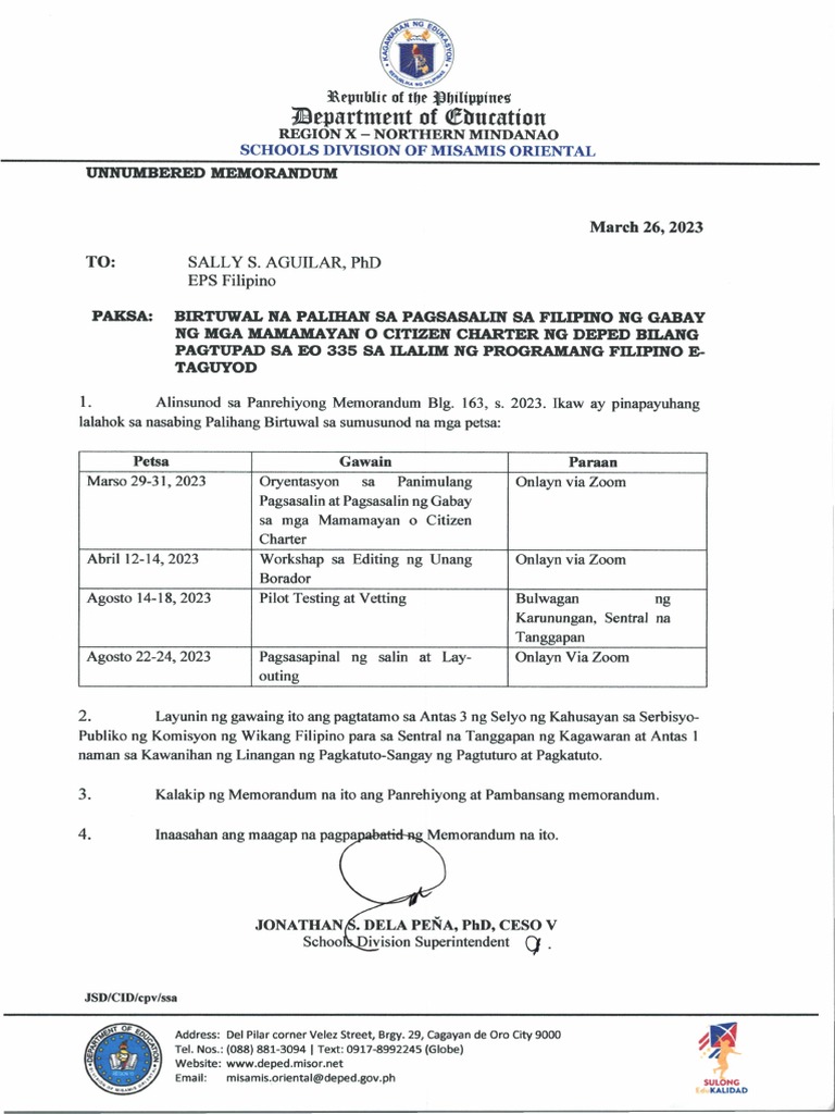 Unnumbered Memo Birtuwal Na Palihan Sa Pagsasalin Sa Filipino NG Gabay ...