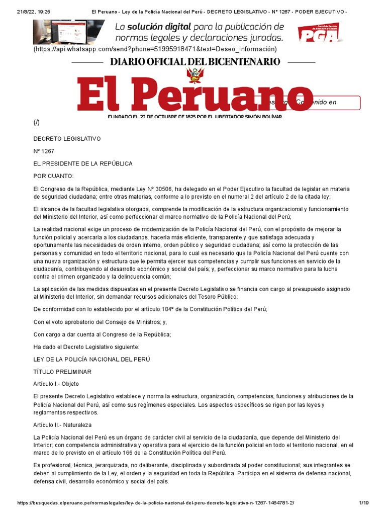 El Peruano - Ley de La Policía Nacional Del Perú - DECRETO LEGISLATIVO ...