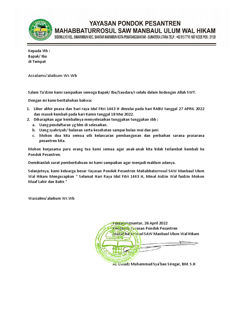 Surat Pemberitahuan Bawa Pulang Santri | PDF