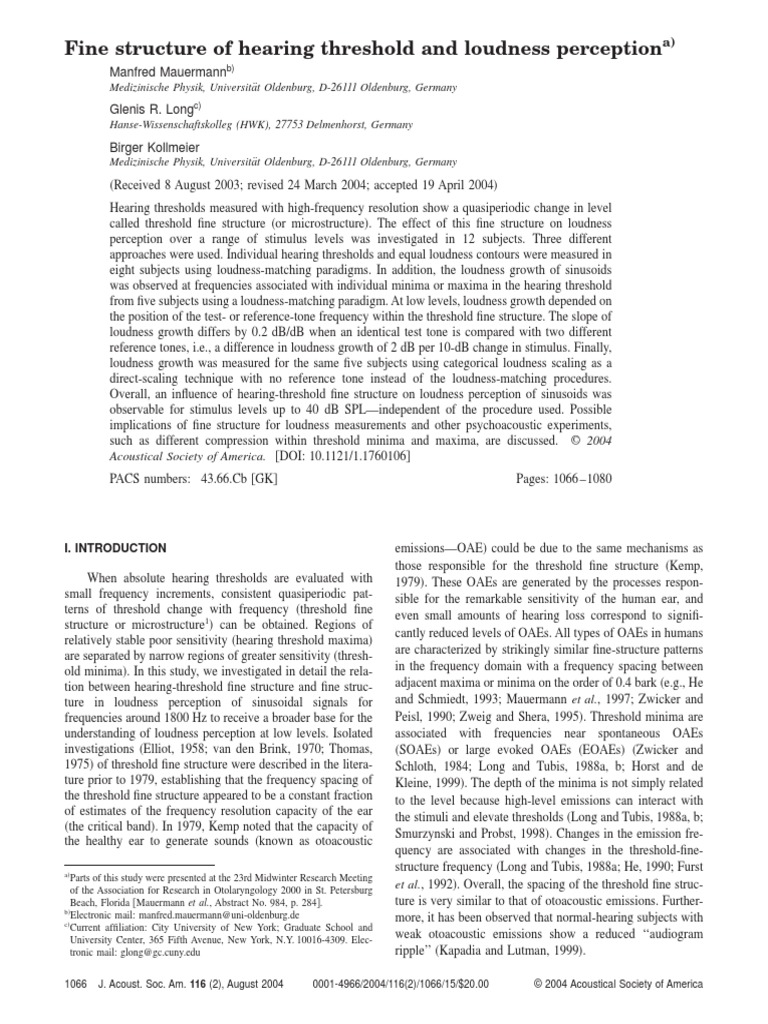 Fine Structure of Hearing Threshold and | PDF | Maxima And Minima ...