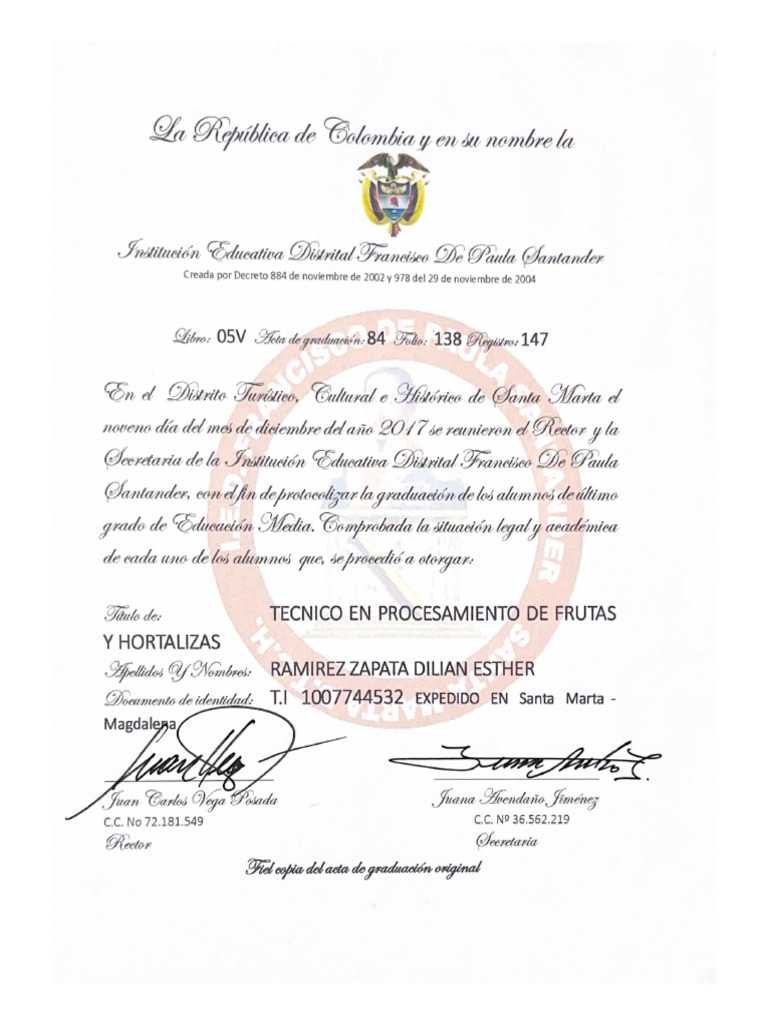 Certificado de Estudio Bachiller, Itn, CC Ambas Caras, Formato Securitas Dilian Ramirez | PDF