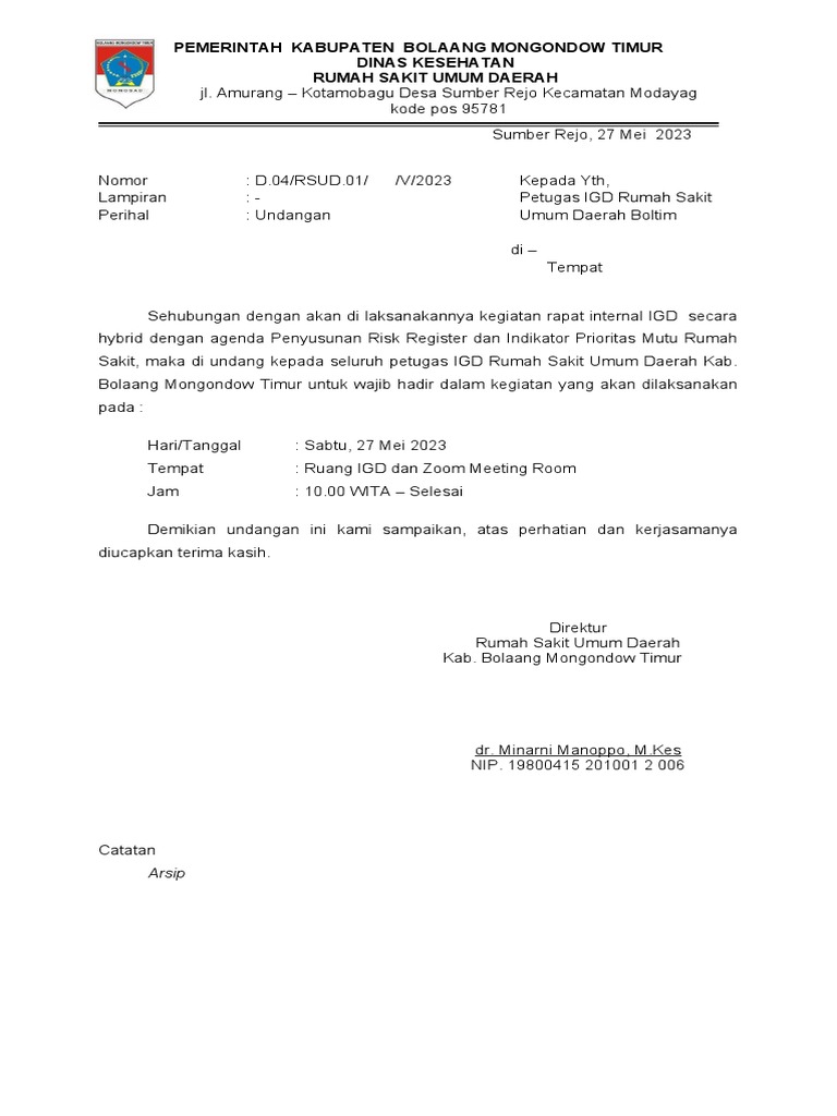 Rapat Internal IGD dan Simulasi RSUD BOLTIM | PDF