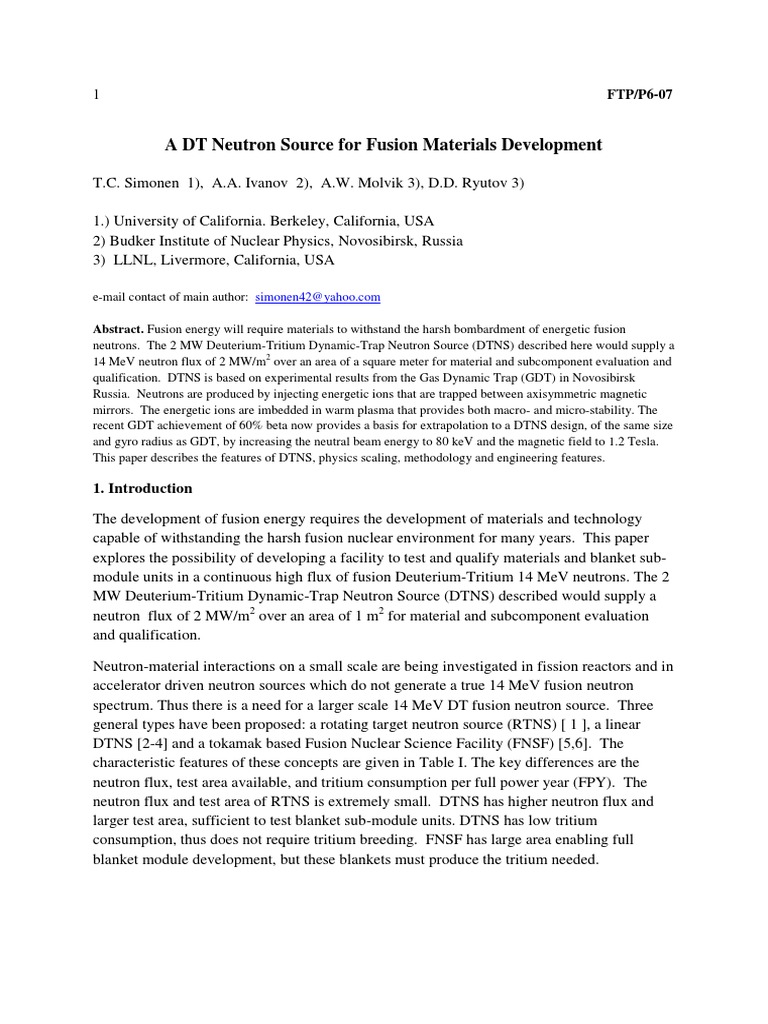 A DT Neutron Source For Fusion Materials Development | PDF | Fusion ...