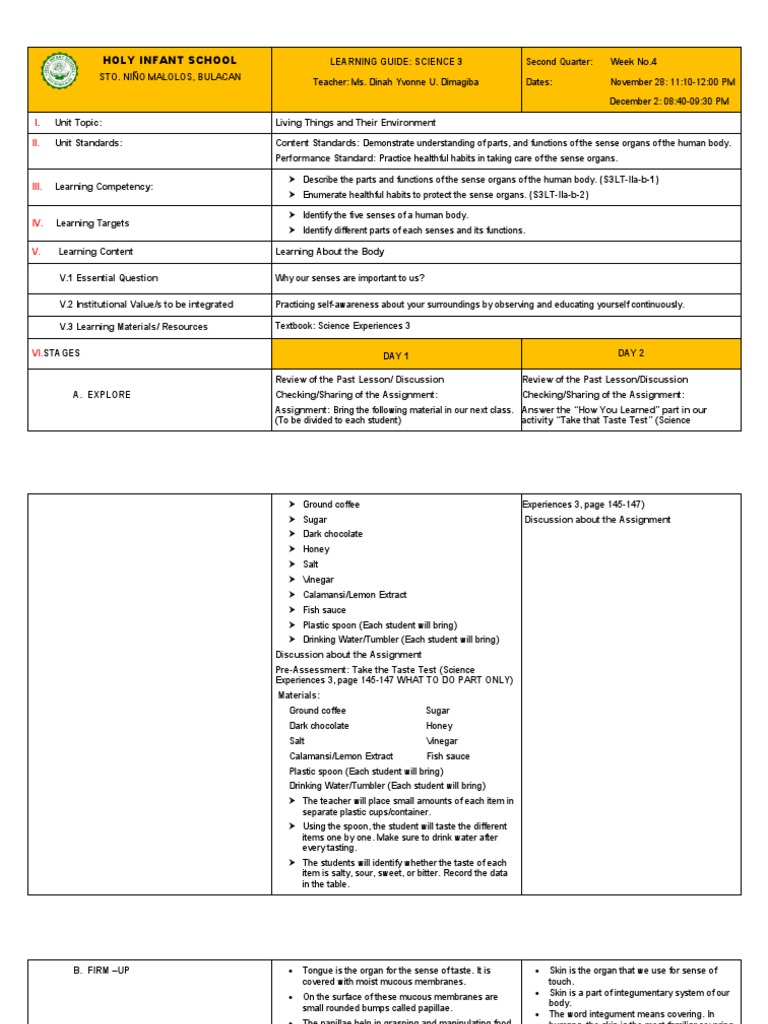Lesson Plan For Science 3 | PDF | Taste | Skin