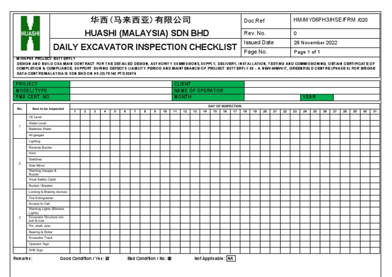 020 Daily Excavator Inspection Checklist | PDF