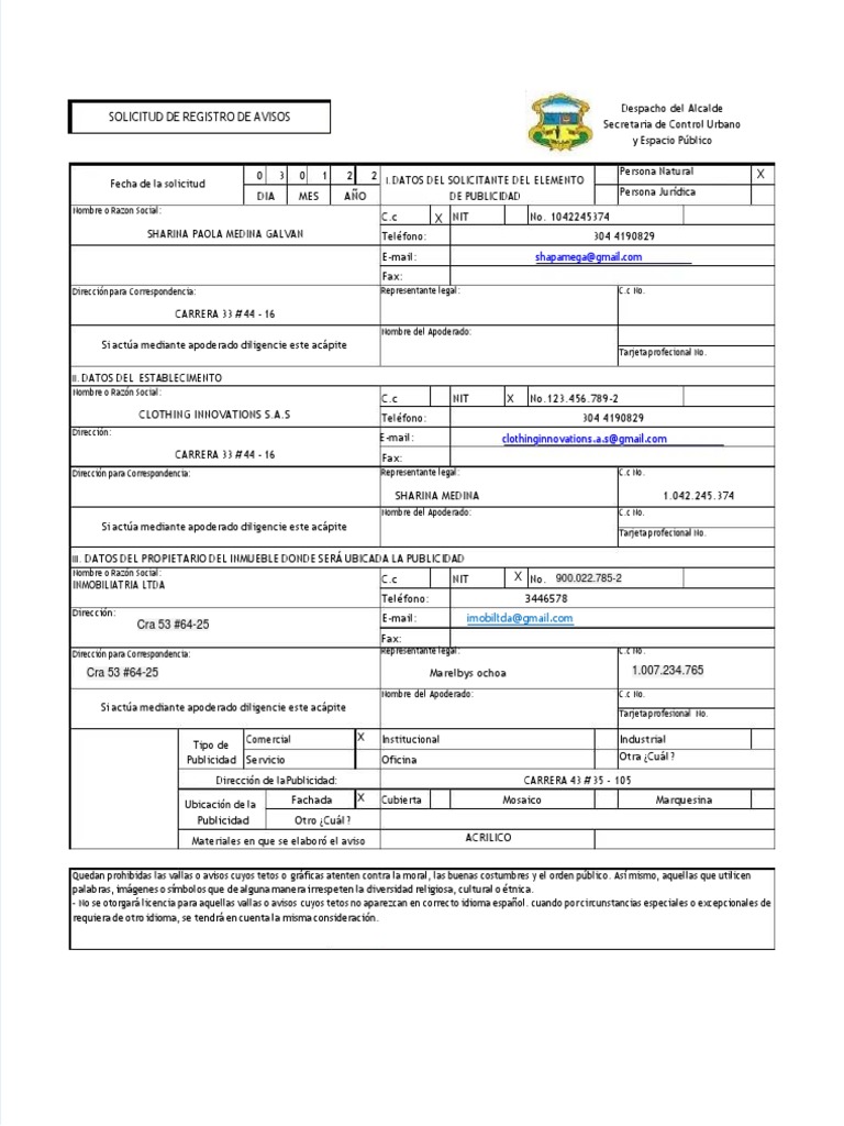 Solicitud Registro de Avisos y Tableros | PDF