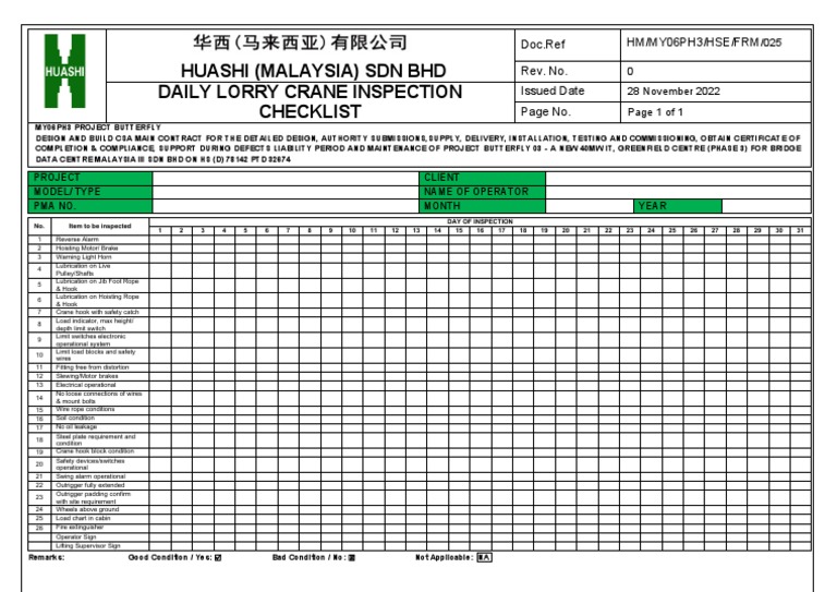 025 Daily Lorry Crane Inspection Checklist | PDF | Crane (Machine ...