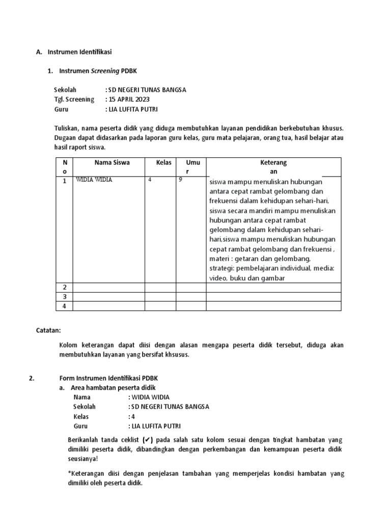 Lembar Kerja 1 Identifikasi PDBK 2023 | PDF