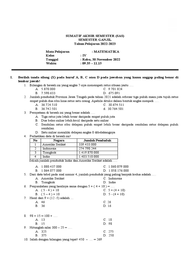Soal Sas Matematika Kelas 4 TP 2022-2023 | PDF