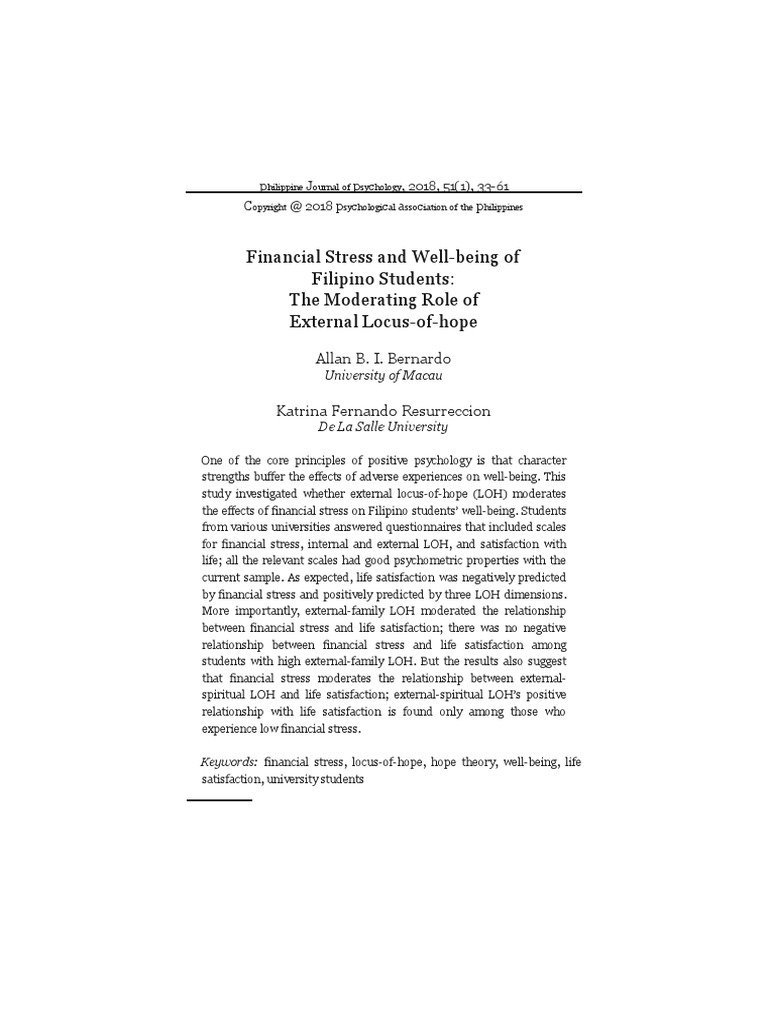 Financial Stress and Wellbeing of Filipino Students The Moderating Role of External Locusofhope ...