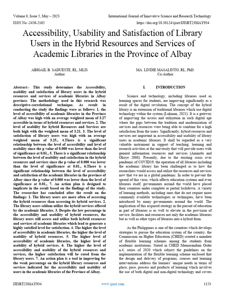 Accessibility, Usability and Satisfaction of Library Users in The Hybrid Resources and Services ...