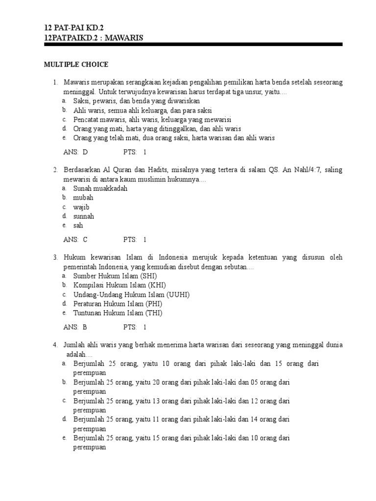 Soal Pat Pai KD 2 Mawaris | PDF