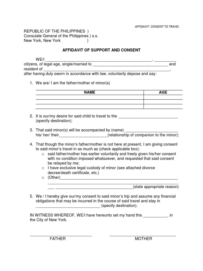 Affidavit of Consent To Travel For Minor Visa Application | PDF